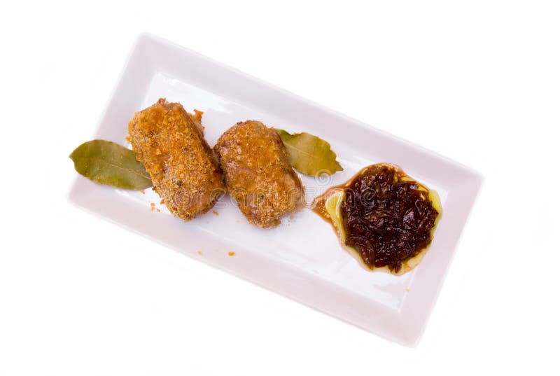 Breaded Meat Rolls on Tray from Above Stock Photo - Image of table ...