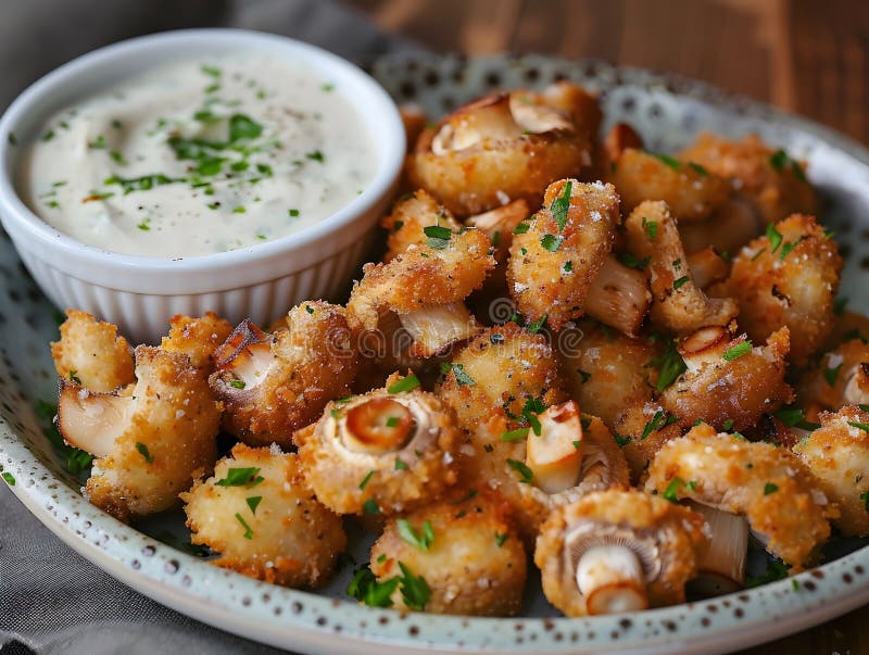 Breaded Mushrooms Breaded Mushrooms with Garlic Dip Stock Illustration ...