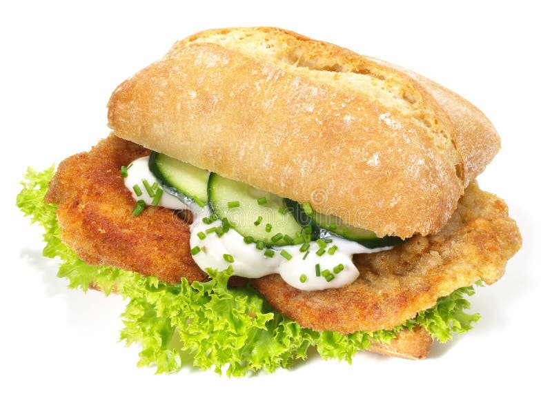 Breaded Schnitzel in a Bun with Sauce and Cucumber - Isolated Stock ...