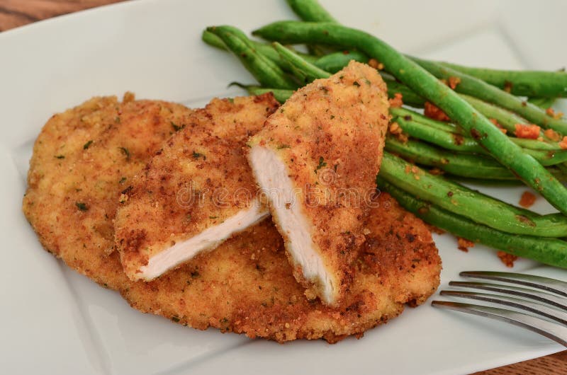 Breaded Turkey Breast with Green Beans Stock Image - Image of plate ...
