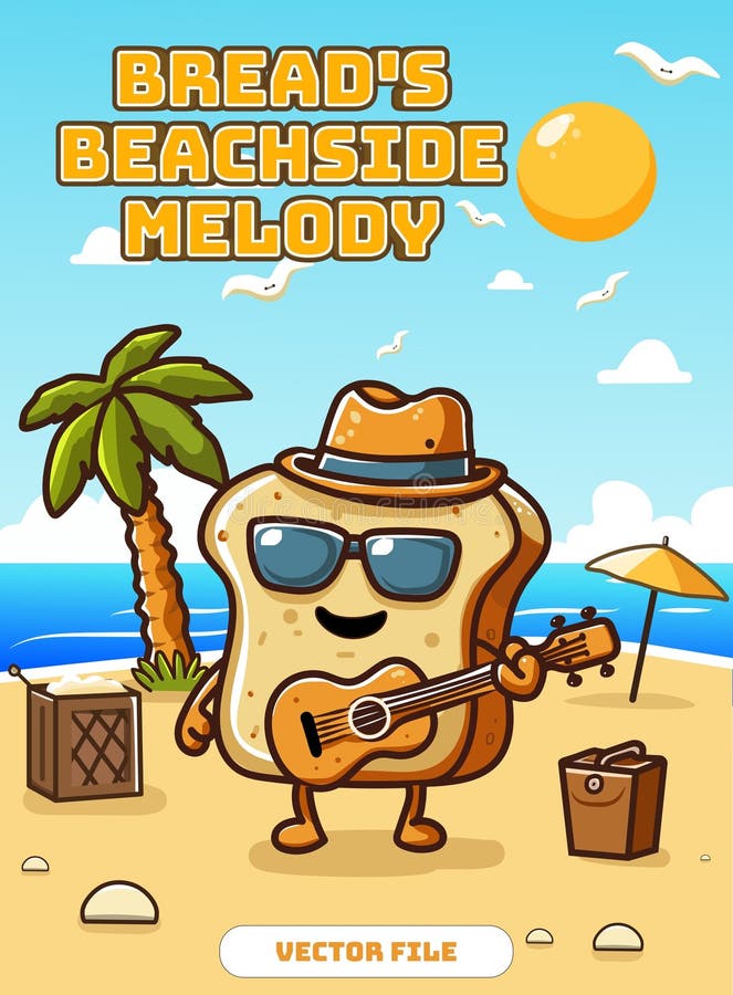 Breadman Vector Poster. Bread with Hat Holding Guitar in the Beach with ...