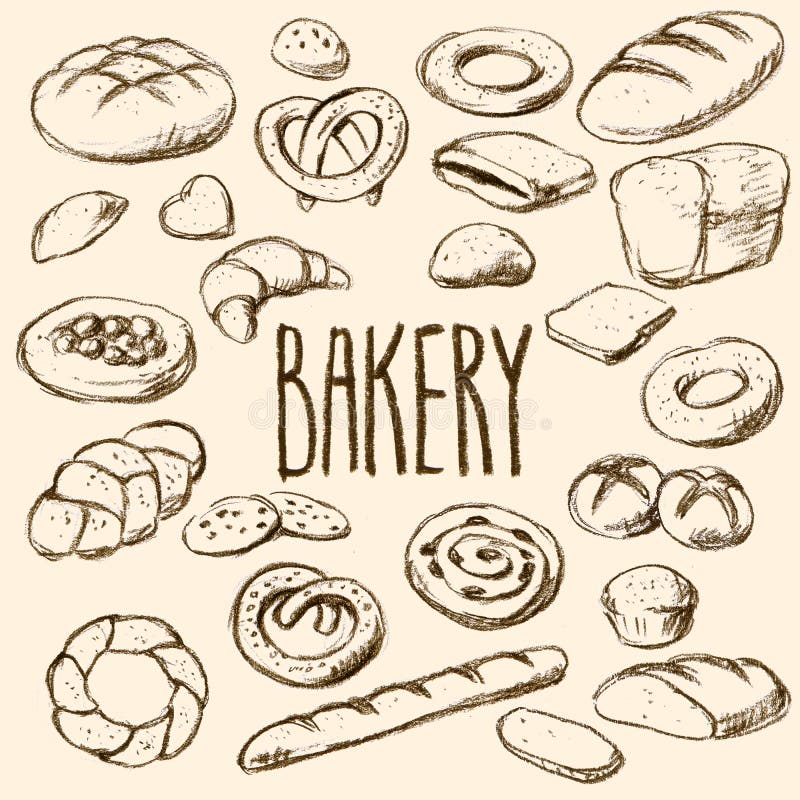 Breads and Pastries Hand Drawn Set Stock Illustration - Illustration of ...