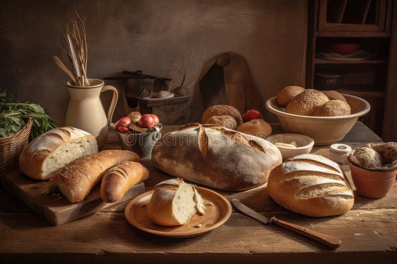 Breads on a rustic table stock illustration. Illustration of grain ...