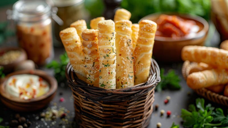 Breadsticks in a Basket with Dips. Stock Photo - Image of cheese ...