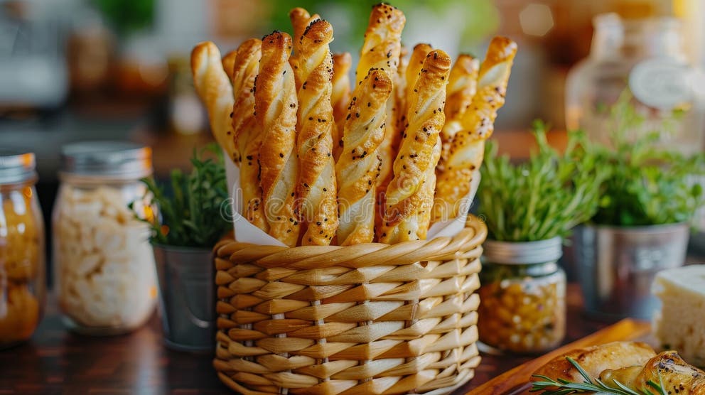 Breadsticks in a Basket on Table Stock Image - Image of cuisine, basket ...