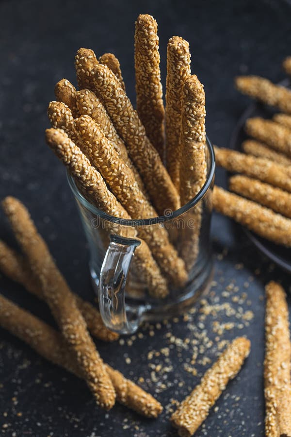 Breadsticks Grissini. Bread Sticks with Sesame Seeds Stock Photo ...