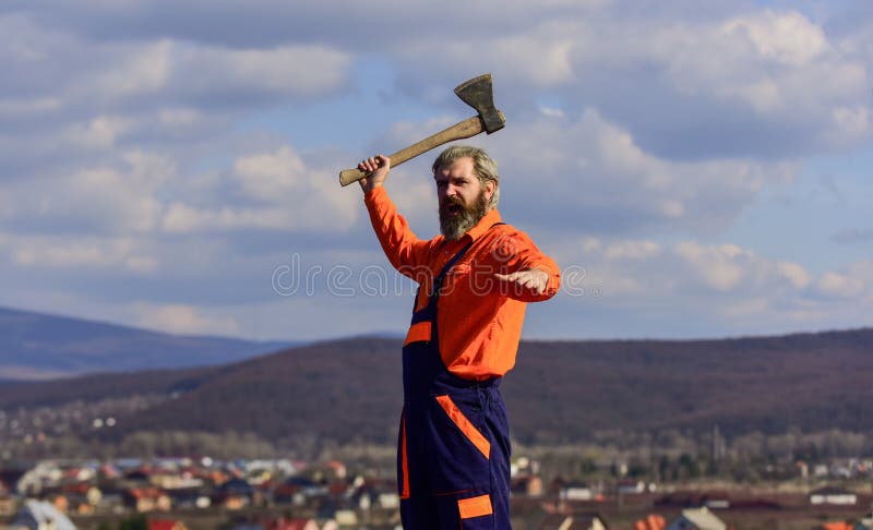 Break and Destroy. Mature Man Builder Use Axe. Professional Repairman ...