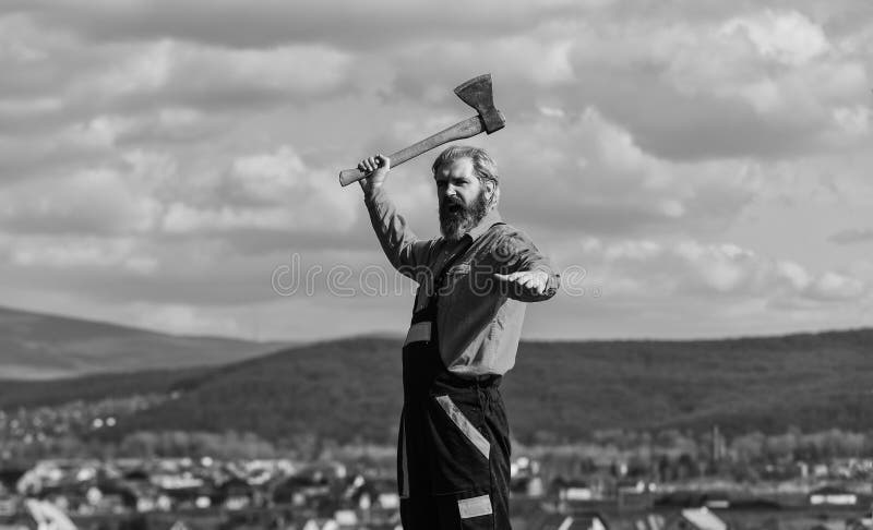 Break and Destroy. Mature Man Builder Use Axe. Professional Repairman ...