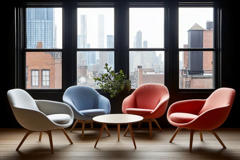 A Break Space with Lively Seating, Wide Windows, and an Urban View ...