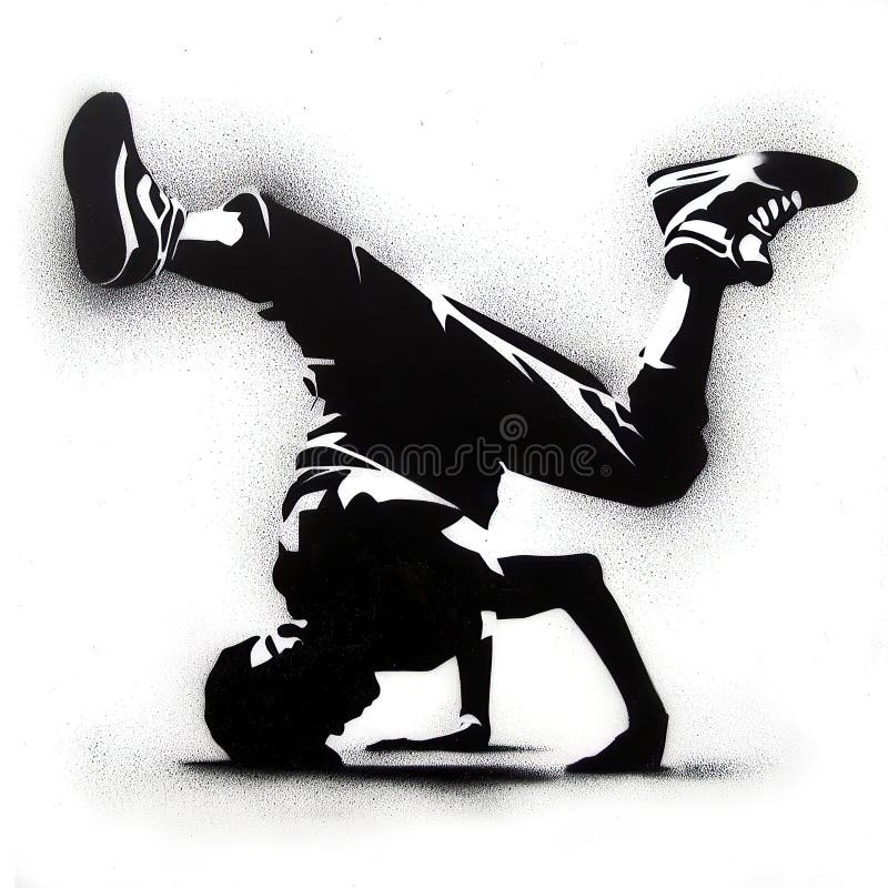 Breakdancer Graffiti Stencil-art Sprayed in Black Over White Stock ...