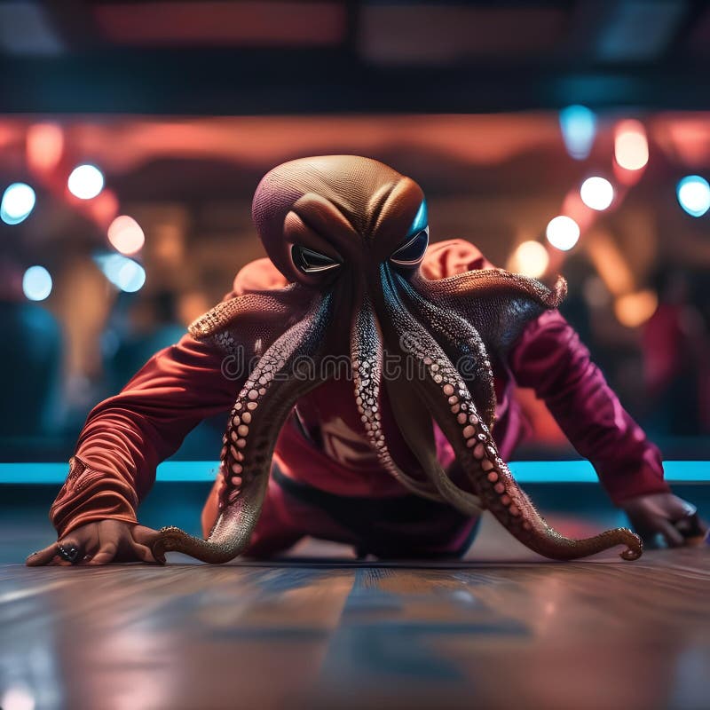 A Breakdancing Octopus in Breakdance Attire, Spinning on the Dance ...
