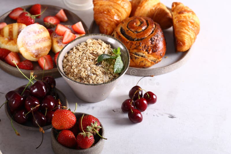 Breakfast assortment stock image. Image of muesli, cheesecakes - 189143691