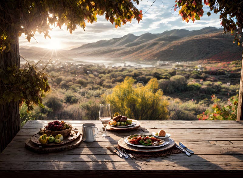Breakfast in Autumn Morning with Landscape Background Copy Space Ai ...