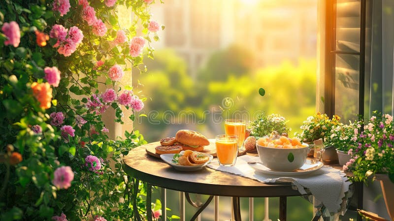 Breakfast on Balcony with Flowers and Sunlight. Stock Image - Image of ...