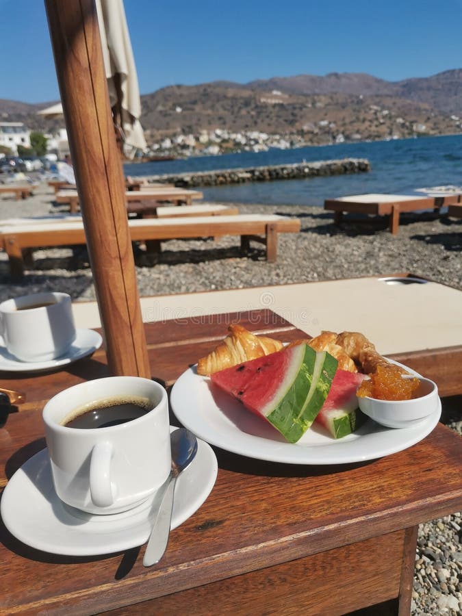 Breakfast on the Beach in Crete Stock Image - Image of dessert, food ...