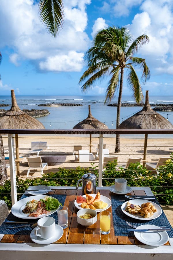 Breakfast at a Beach with Palm Trees and Pool in Mauritius, Tropical ...