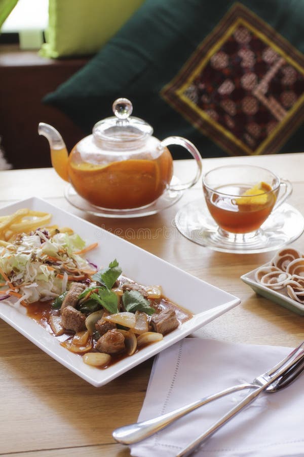 Breakfast with Beafsteak, Bread, Vegetable and Tea Stock Image - Image ...