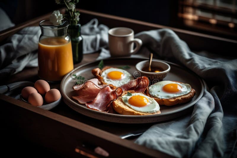 Breakfast in Bed with Coffee, Fried Eggs, Fresh Juice and Ham on Table ...