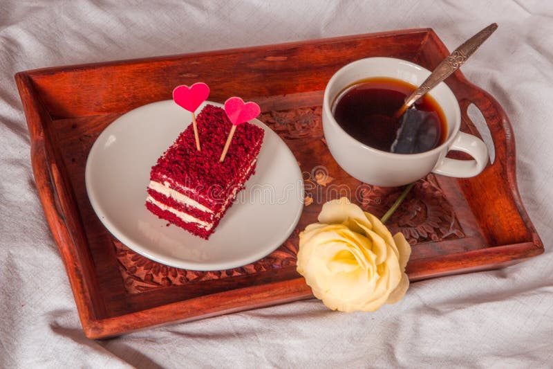 Breakfast in Bed. Cup, Coffee, Red, Velvet, Cake and Flower Stock Photo ...