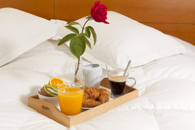 Breakfast on a Bed in a Hotel Room Stock Image - Image of beige, hotel ...