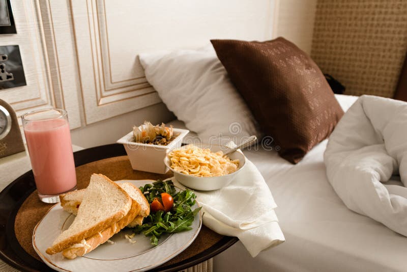 Breakfast in Bed in Hotel Room. Accommodation. Stock Image - Image of ...