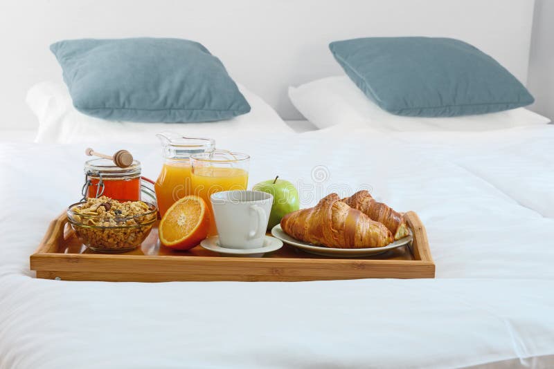Breakfast in Bed in Hotel Room. Stock Image - Image of blanket, clean ...