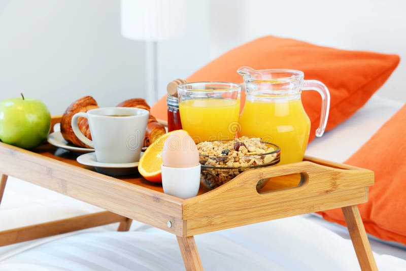 Breakfast in Bed in Hotel Room. Stock Image - Image of bedding, hotel ...
