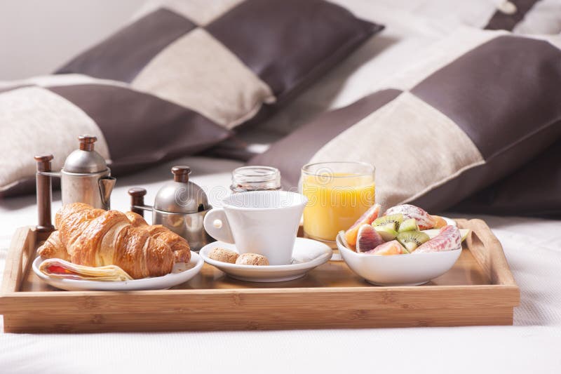 Breakfast on a Bed in a Hotel Room Stock Image - Image of beverage ...