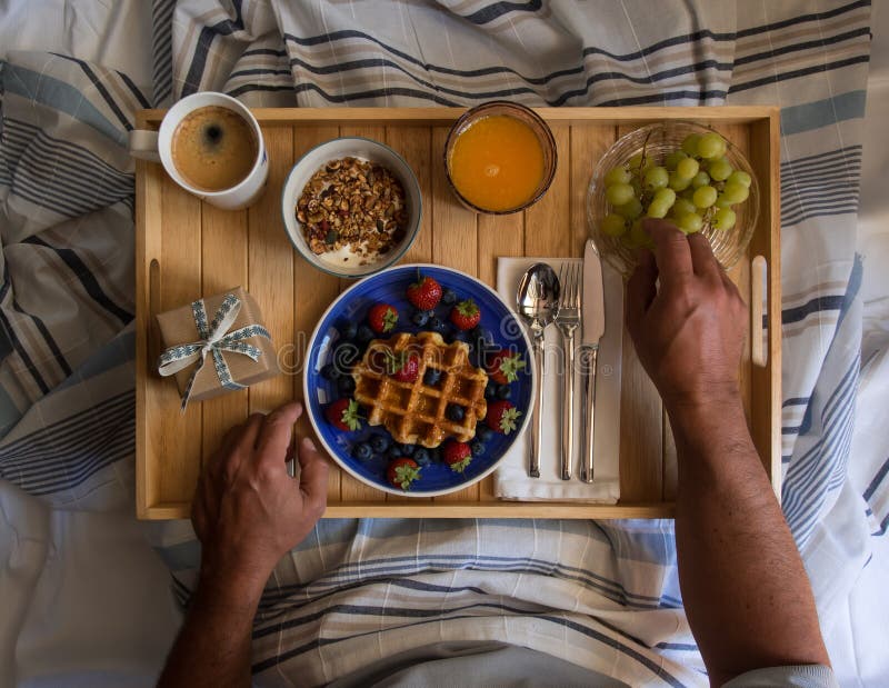 Breakfast in bed stock image. Image of caucasian, grapes - 61827919