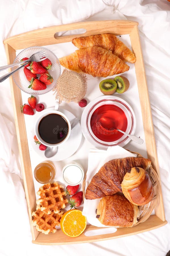 Breakfast on bed stock photo. Image of croissant, breakfast - 71296728