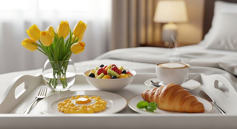 Breakfast in Bed with Tulips Stock Photo - Image of drink, croissant ...