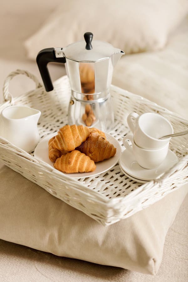 Breakfast in Bed. on a White Wicker Tray There is a Coffee Maker Stock ...