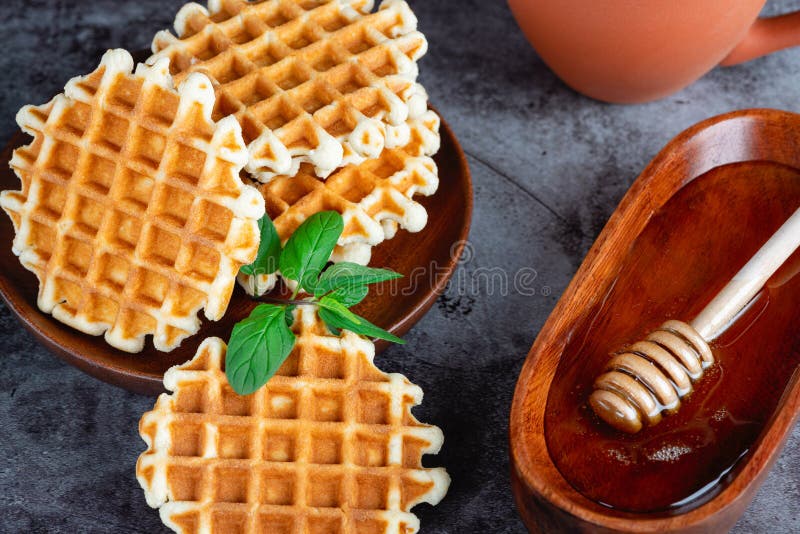 Breakfast with Belgian Waffles, Honey and Coffee Stock Image - Image of ...