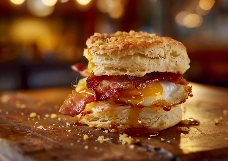 Breakfast Biscuit Sandwich with Bacon and Cheese with Egg on Cafe Table ...