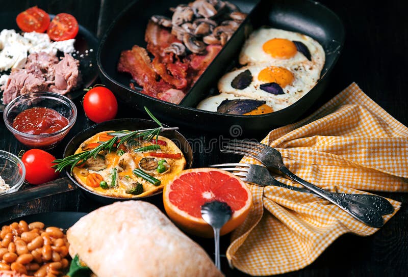 Breakfast on a Black Wooden Table in Rustic Style Stock Image - Image ...