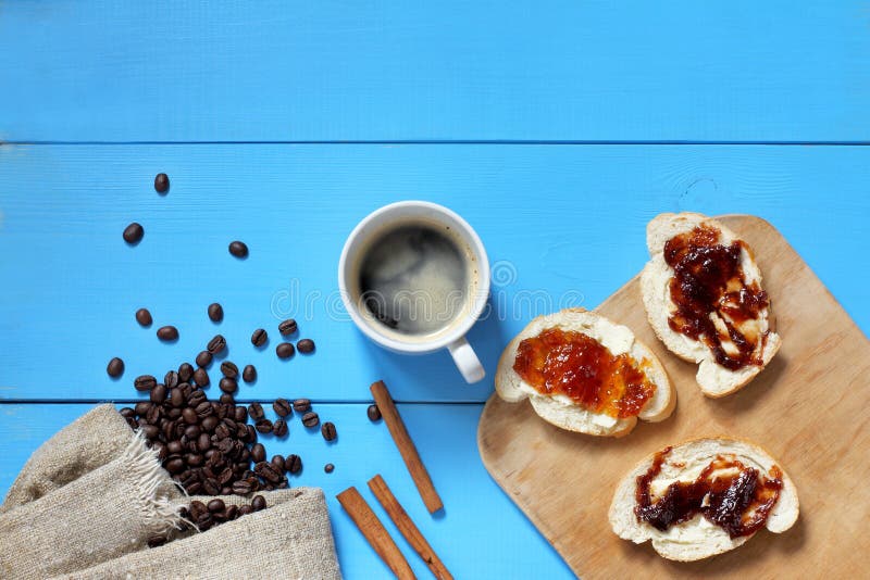 Breakfast on a blue table stock image. Image of background - 109533313