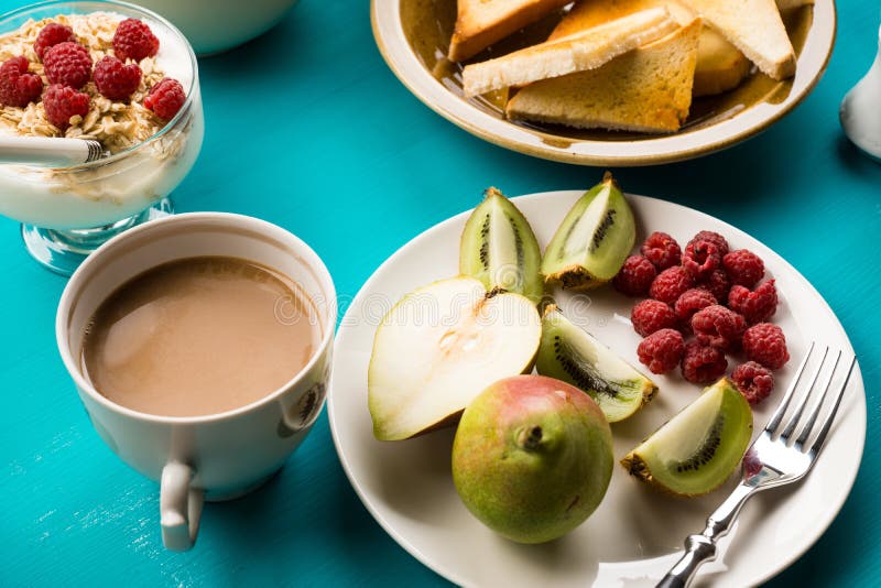 Breakfast on the Blue Wooden Table Stock Photo - Image of sugar, coffee ...
