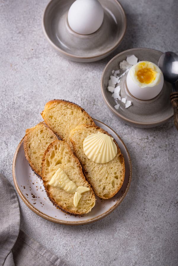 Breakfast with Boiled Eggs, Bread and Butter Stock Image - Image of ...