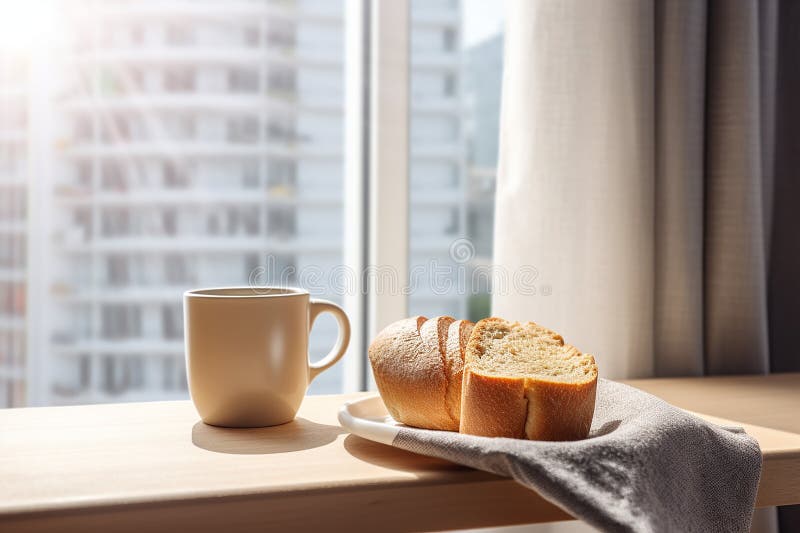 Breakfast of Bread and a Cup of Hot Coffee with Sunlight from a Window ...