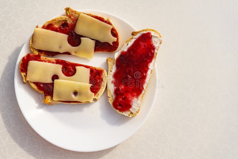 Breakfast. Bread Slices with Jam and Cheese Stock Photo - Image of ...
