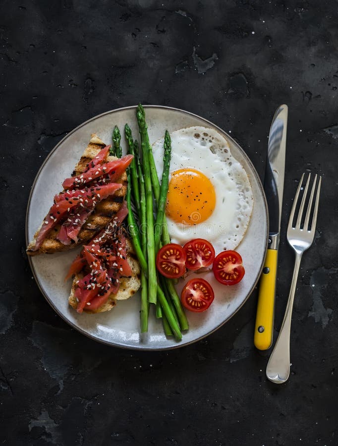 Breakfast, Brunch Plate - Fried Egg, Asparagus, Salmon Sandwich on a ...