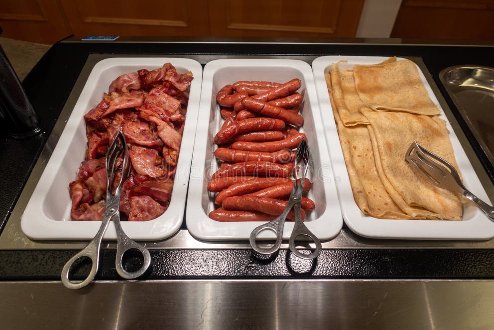 Breakfast Buffet with Bacon, Sausages, Pancakes Stock Image - Image of ...