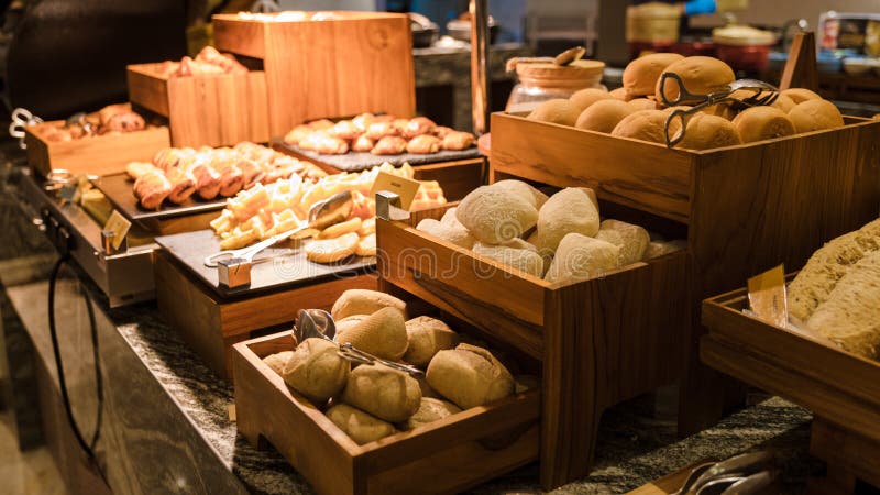 Breakfast Buffet in a Luxury Hotel, Bread Corner with Croisant Muffin ...