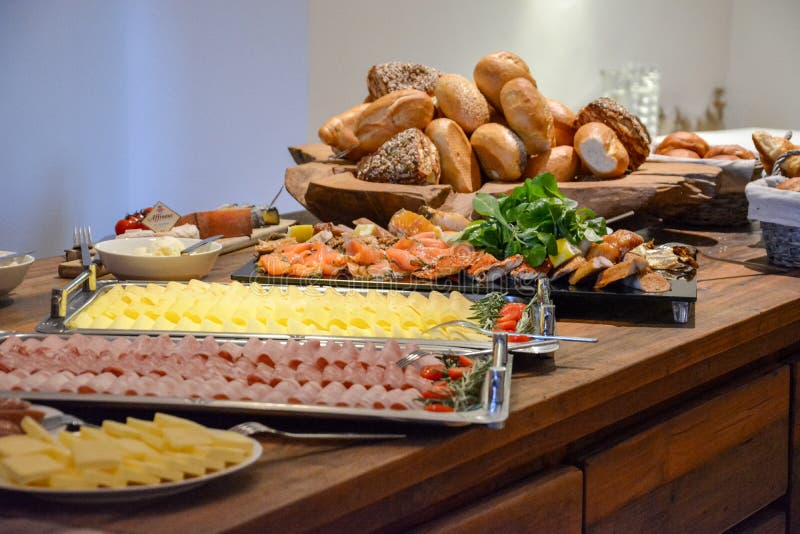 Breakfast Buffet with Rolls, Cheese and Several Vegetables Stock Image ...