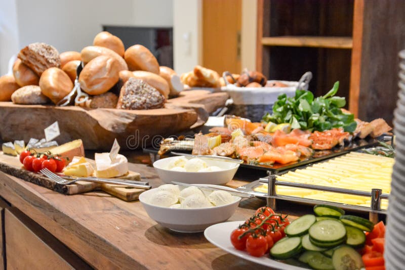 Breakfast Buffet with Rolls, Cheese and Several Vegetables Stock Photo ...