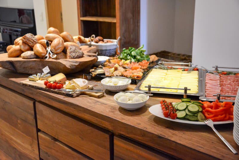Breakfast Buffet with Rolls, Cheese and Several Vegetables Stock Photo ...