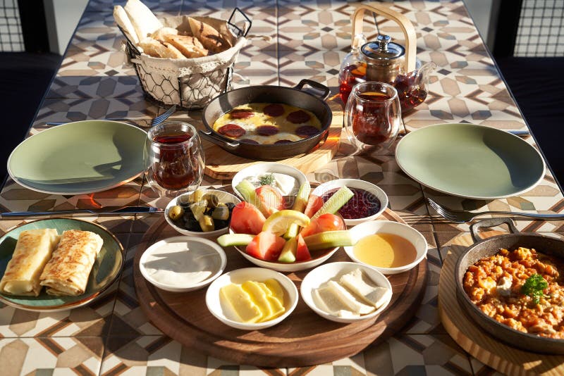 Breakfast Buffet Table with Assorted Food and Drinks Stock Image ...