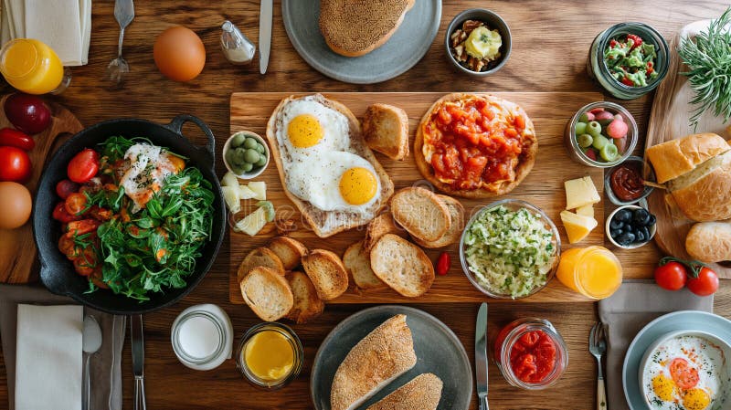 A Breakfast Buffet Table with Scrambled Eggs, Bacon, Potatoes, Pastries ...