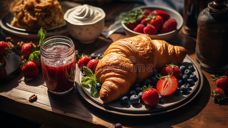 A Breakfast Buffet Table with Scrambled Eggs, Bacon, Potatoes, Pastries ...