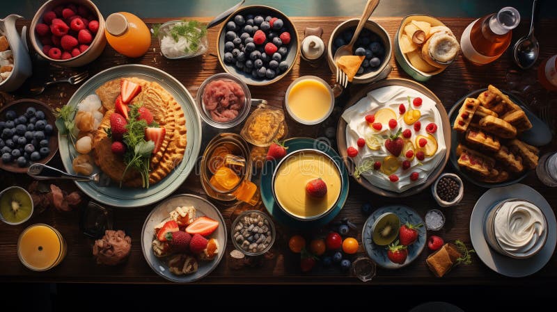 A Breakfast Buffet Table with Scrambled Eggs, Bacon, Potatoes, Pastries ...